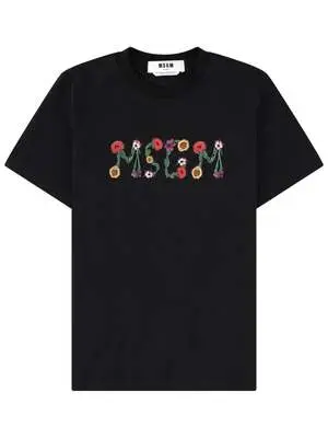 MSGM Floral Logo Graphic Cotton T-shirt - Black