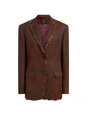 Etro Single-breasted Wool Jacket With Pheasant Feather Trim And Micro Houndstooth