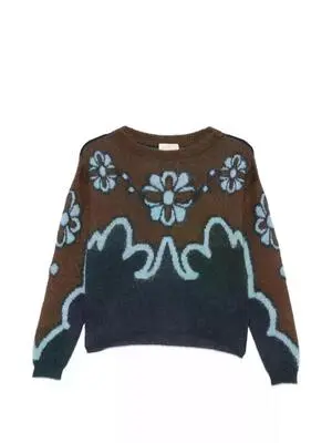I BLUES Crew Neck Long Sleeve Sweater With Floral Motif - Blue