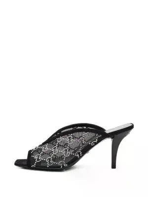 Gucci Mesh Crystal Embellished Gg Motif Slip-on Sandals - Black