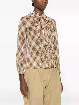 I BLUES Ruffled Checkered And Floral Print Blouse