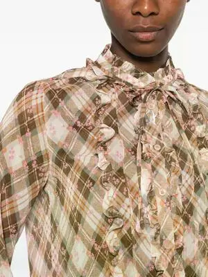 I BLUES Ruffled Checkered And Floral Print Blouse