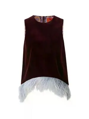 La DoubleJ La Scala Feather-trim Velvet Top - Red