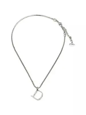 Dior Tone Crystal Embellished D Logo Pendant Necklace - Silver