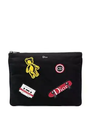Dior 2018 Nylon Patch Embellished Zip Clutch Bag - Black