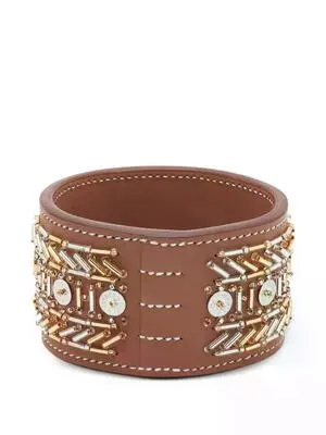 Hermès Beaded Leather Bangle Bracelet With Gold-tone And Silver-tone Hardware - Brown