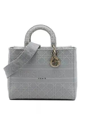 Dior 2020 Large Embroidered Canvas Cannage Lady D Lite Satchel - Grey