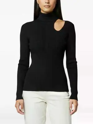 Fendi Rib-knit Cut-out Mock Neck Long Sleeve Top - Black