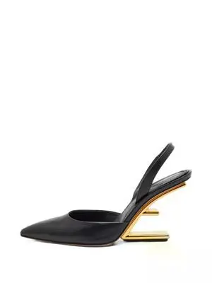 Fendi Fendi Black Leather Pointed Toe Slingback Pumps With Sculptural Heel Black