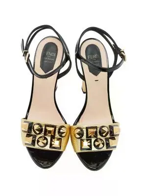 Fendi Studded Ankle-strap High Block Heel Sandals - Gold