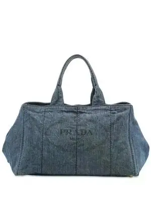 Prada Large Denim Canapa Logo Tote Satchel - Blue