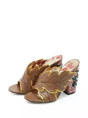 Gucci Webby Leaf Embellished Snake Detail Block Heel Sandals