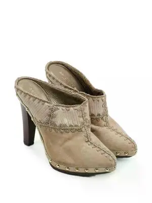 SERGIO ROSSI Beige Suede Embroidered Platform Mules
