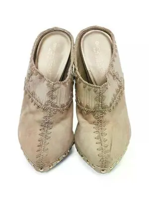 SERGIO ROSSI Beige Suede Embroidered Platform Mules