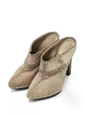 SERGIO ROSSI Beige Suede Embroidered Platform Mules