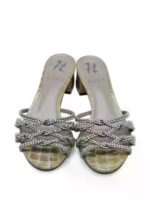 GINA Crystal Embellished Calf Leather Slides - Green