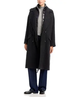 Herno Fringed Teddy Boucle Knit Contrast Trim Coat