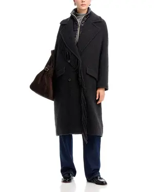 Herno Fringed Teddy Boucle Knit Contrast Trim Coat