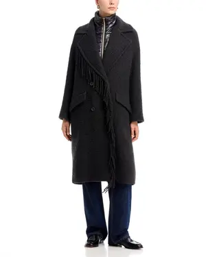 Herno Fringed Teddy Boucle Knit Contrast Trim Coat