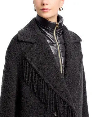 Herno Fringed Teddy Boucle Knit Contrast Trim Coat