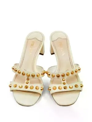 Prada Cream White Leather Studded Block-heel Sandals