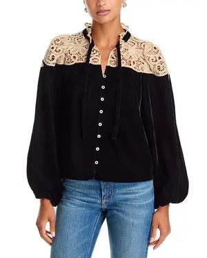 Sea Shiloh Lace Yoke Velvet Blouse