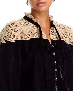 Sea Shiloh Lace Yoke Velvet Blouse