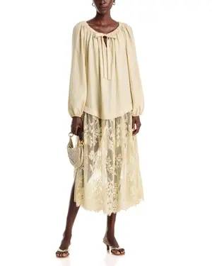 A.REN Long Sleeve Tie-neck Lace Midi Dress