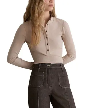 REISS Ida" Cotton Stretch Ribbed Long Sleeve Top - Neutral