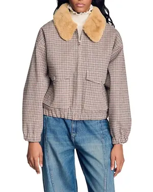 Sandro Faux Fur Lined Check Coat