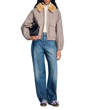 Sandro Faux Fur Lined Check Coat