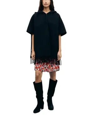 Gerard Darel Ady Hooded Cape Coat With Fringe Hem