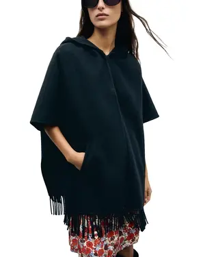 Gerard Darel Ady Hooded Cape Coat With Fringe Hem