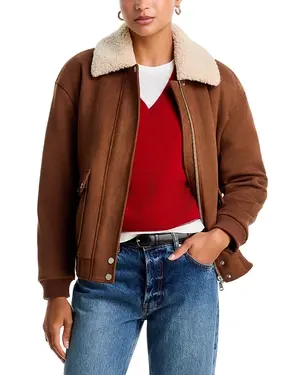 Aqua Faux Fur Trimmed Faux Suede Aviator Jacket - Brandy
