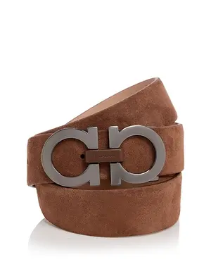 FERRAGAMO Double Gancini Suede Belt - Midbrown
