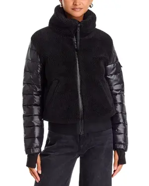 Aqua Sherpa Mixed Media Bomber Jacket