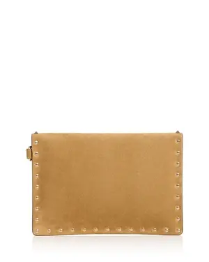 Valentino Garavani Rockstud Medium Suede Flat Pouch - Beige