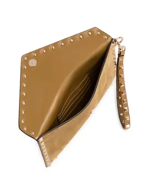 Valentino Garavani Rockstud Medium Suede Flat Pouch - Beige