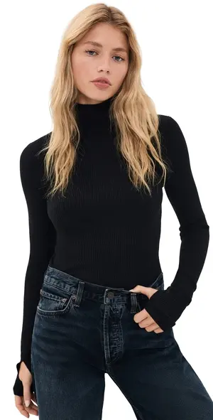 Alice + Olivia Roberta Ribbed Turtleneck Top - Black