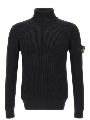 Stone Island Ribbed Wool Turtleneck Sweater - Black