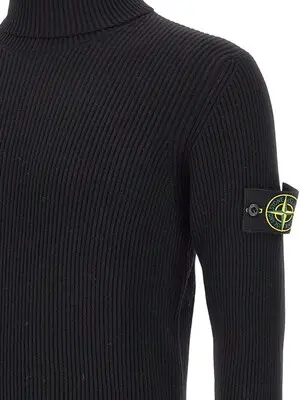 Stone Island Ribbed Wool Turtleneck Sweater - Black