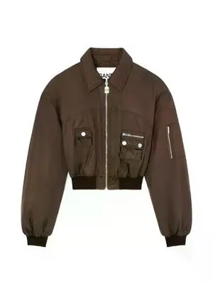 GANNI Duchesse Nylon Bomber Jacket - Brown