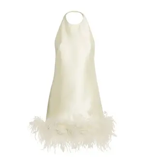 SELF-PORTRAIT Taffeta Feather-trim Halterneck Mini Dress - Yellow