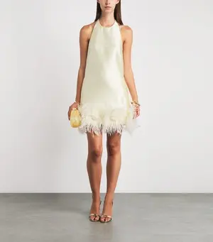 SELF-PORTRAIT Taffeta Feather-trim Halterneck Mini Dress - Yellow