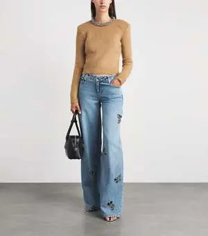 SELF-PORTRAIT Beaded Neckline Alpaca Wool Blend Sweater - Brown
