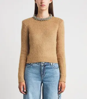 SELF-PORTRAIT Beaded Neckline Alpaca Wool Blend Sweater - Brown