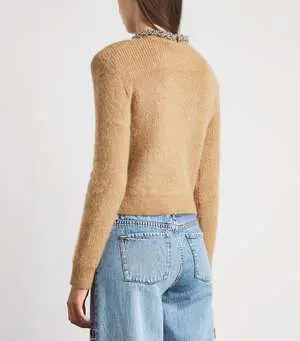 SELF-PORTRAIT Beaded Neckline Alpaca Wool Blend Sweater - Brown