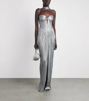 MARIA LUCIA HOHAN Silver Metallic Silk Cut-out Gown