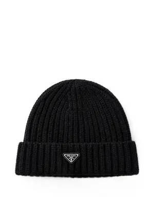 Prada Logo-plaque Ribbed-knit Beanie Hat - Black
