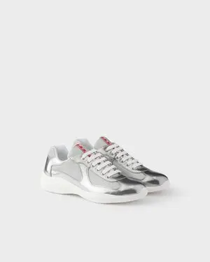 Prada America's Cup Metallic Leather And Bike Fabric Lace Up Sneakers - Silver